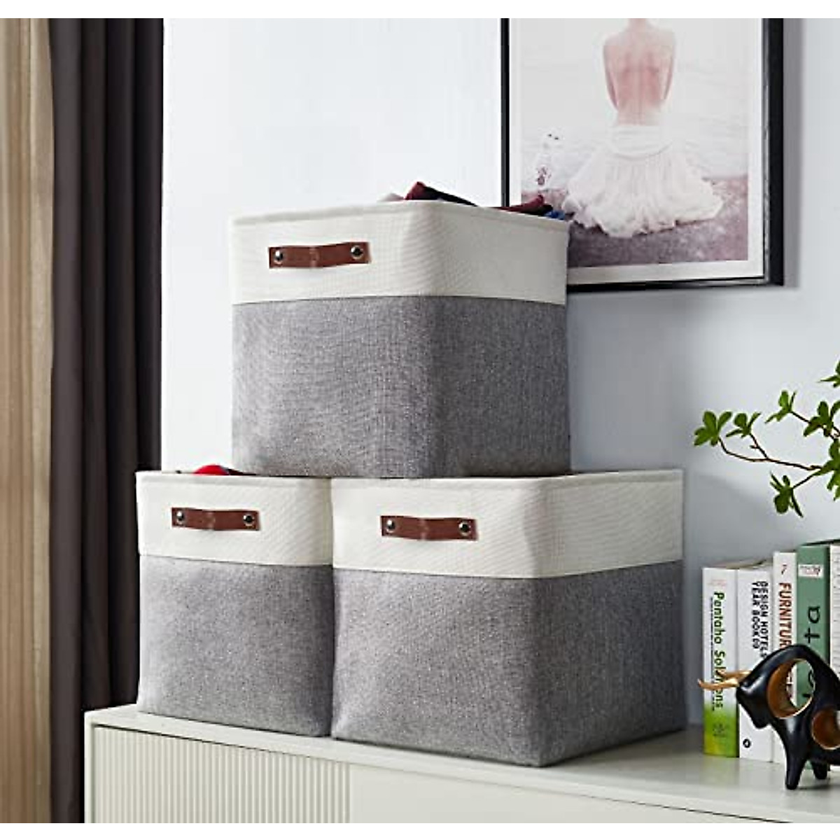 DECOMOMO Cube Storage Organizer Bins 11 inch Cube Storage Bin 4 Pack Cubby Storage Bins Storage Baskets for Organizing Shelf Closet Nursery Toys Cloth Bathroom (Grey&White)