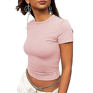 PRIMODA Women's Short Sleeve Slim Fitted Tee Shirt Top Basic Casual Crew Neck Workout Crop Top (Pink L)