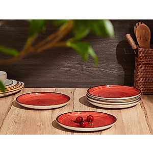 ONEMORE Ceramic Plates Set of 6, 8.5 inch Small Dinner Plates for Appetizer, Salad and Dessert. Oven, Microwave and Dishwasher Safe Plate. Rustic Kitchen Porcelain Dish - Red