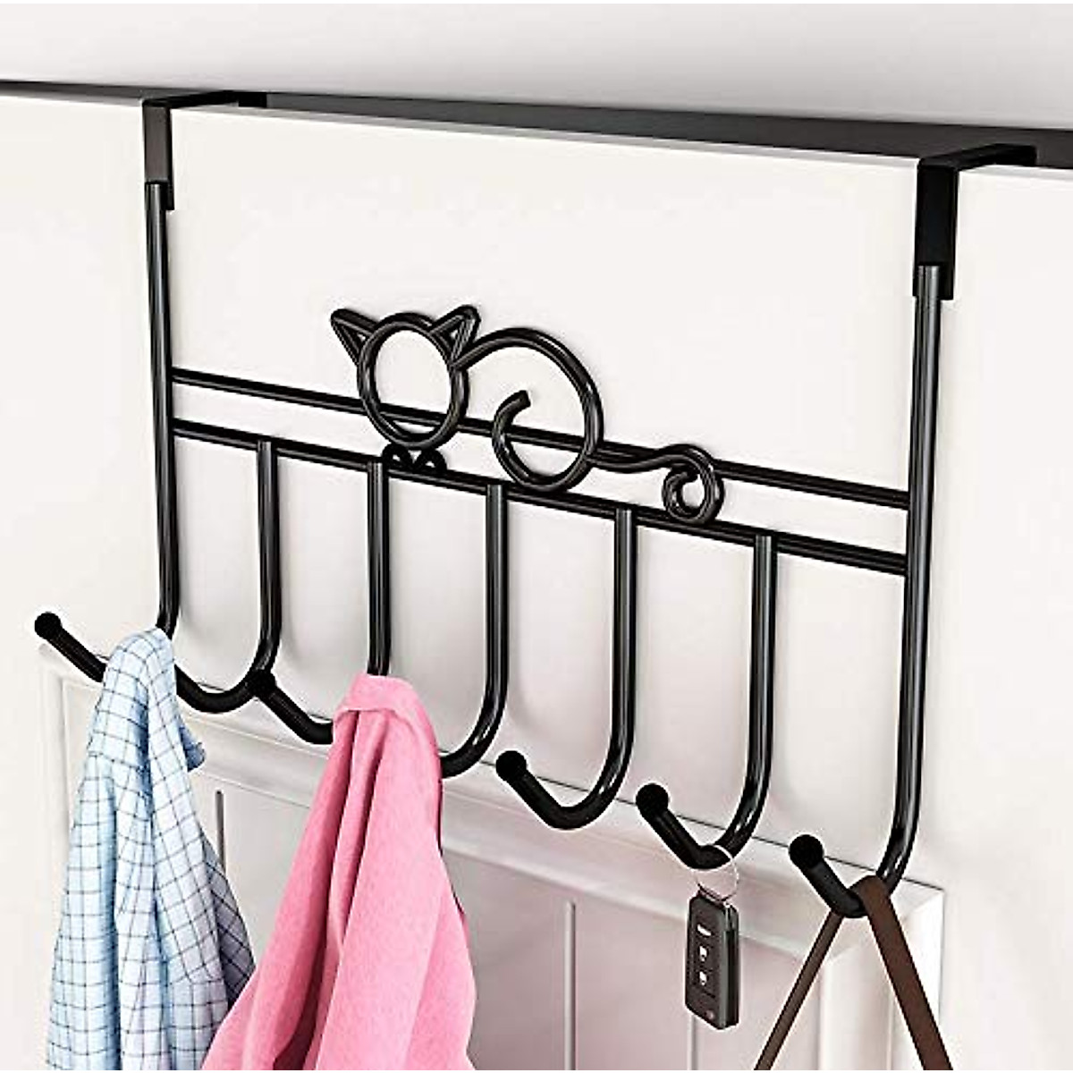 SHIMAJEE 7 Hanger Rack (Set of 2) Over The Door Hanger Rack, Decorative Metal Door Hanger Holder for Coats, Clothes, Hats (Cute Black Cat Set of 2)