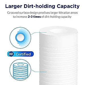 Grooved Sediment Water Filter Cartridge (6 Pack), Membrane Solutions 5 Micron Whole House Water Filter Universal Replacement 10"x2.5" for 10 inch RO Unit, Whole House Under-Sink Filtration System