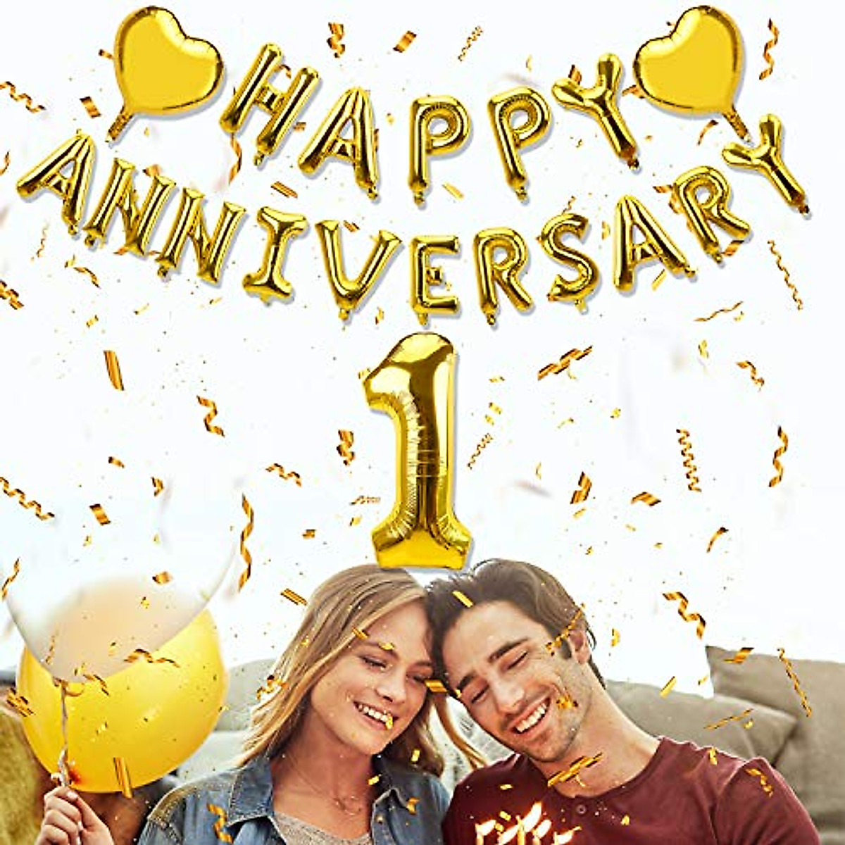 Yoaokiy 1 Year Anniversary Balloon Decorations, Happy 1st Anniversary Party Supplies - Gold Glitter 1 Year Anniversary Balloon Banner with 2 Heart Foil, 1st Wedding Anniversary Supplies Decorations