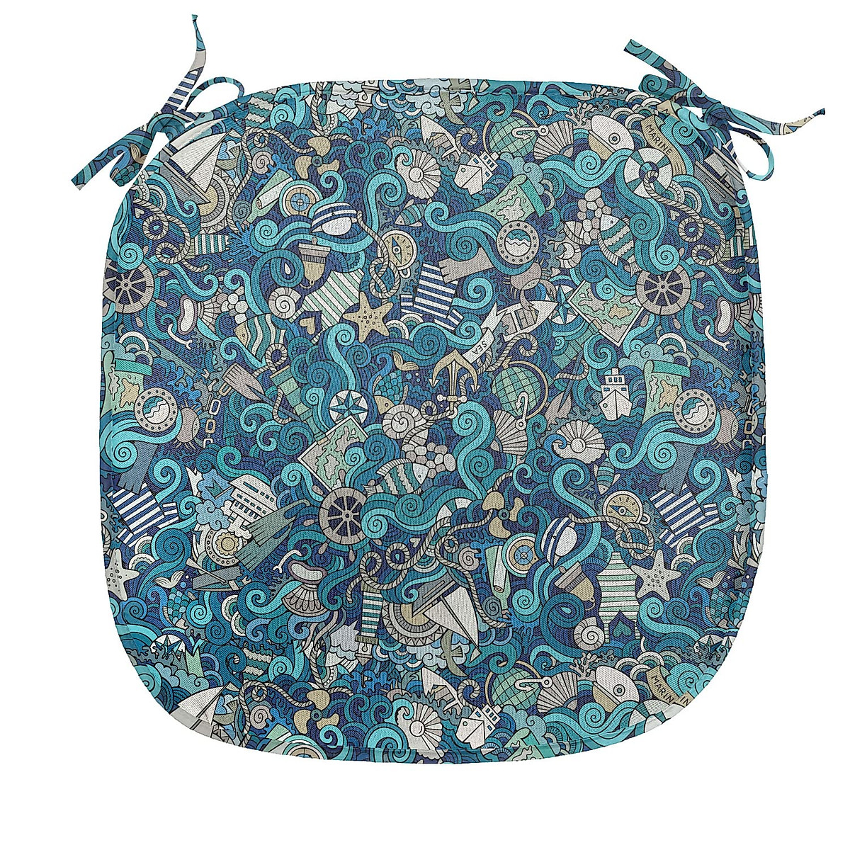 Lunarable Abstract Chair Seating Cushion Set of 4, Nautical Elements Compass Helm Ship Boat Waves Marine Sea Fishing Coast, Anti-Slip Seat Padding for Kitchen & Patio, 16"x16", Blue Turquoise Aqua