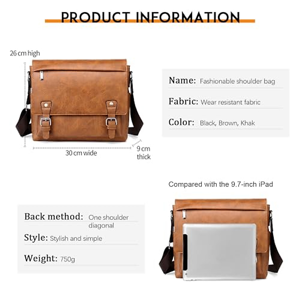 KUANG! Men's Shoulder Bag PU Leather Business Messenger Bag Briefcase Travel Crossbody Multi Pockets Handbag Purse