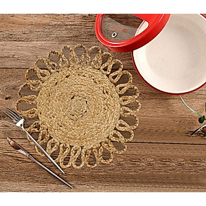 MORE Jute Hand Braided Placemats Set of 6 | 15 Inches Round Tablemats for Kitchen Dining Table Top Rug Mats & Dinner Table Plate Pads Mates | Rustic Natural Fiber Vintage Rugs Mat, Natural Beige