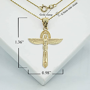 Ancient Egypt Jewelry Horus 14K Yellow Gold Ankh Winged Cross Egyptian Goddess Isis Pendant