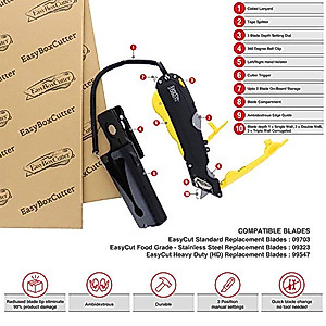 Easy Box Cutter, extra tape cutter at back, dual side edge guide, 3 blade depth setting, 2 blades and holster - Yellow 2000 (Pack of 12)
