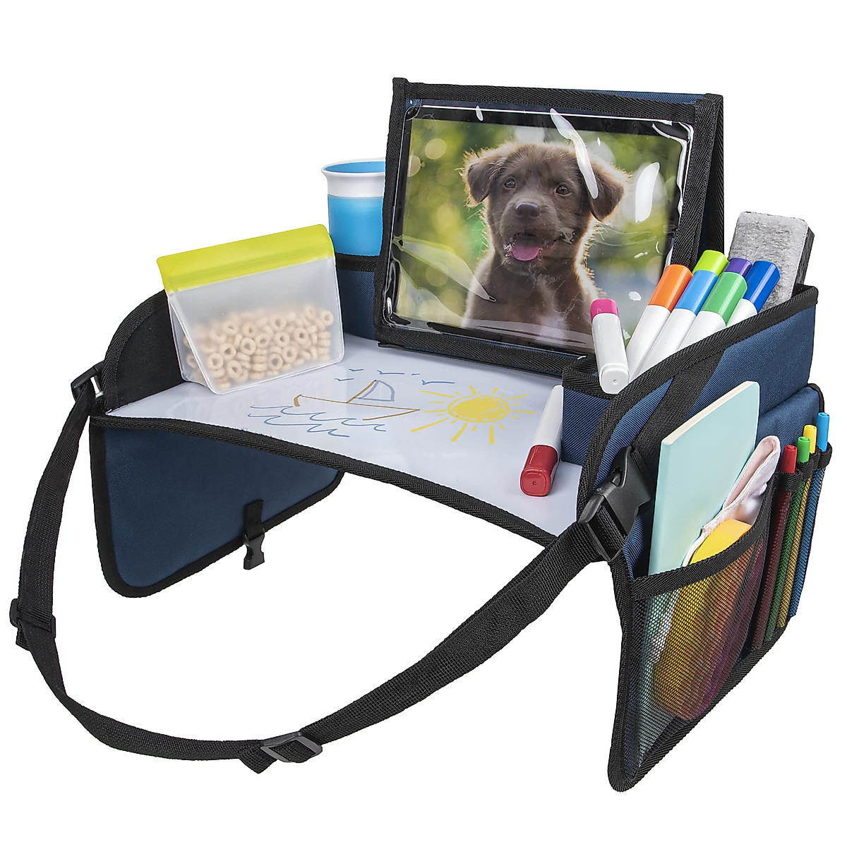 Lusso Gear Kids Travel Tray (Blue) + Heavy Duty Car Seat Organizer (Black), Extra Large for Protection, Sag Proof &amp; Reinforced Corners, Protects iPad &amp; Backseat, 12 Versatile Car Seat Organizer Storag