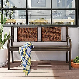 Giantex Patio Garden Bench Heavy-Duty Ergonomic Loveseat W/Powder Coated Steel Frame,Decorative Rattan Backrest & Curved Armrest for Outdoor Garden, Backyard, Lawn, Porch, Path Park Bench