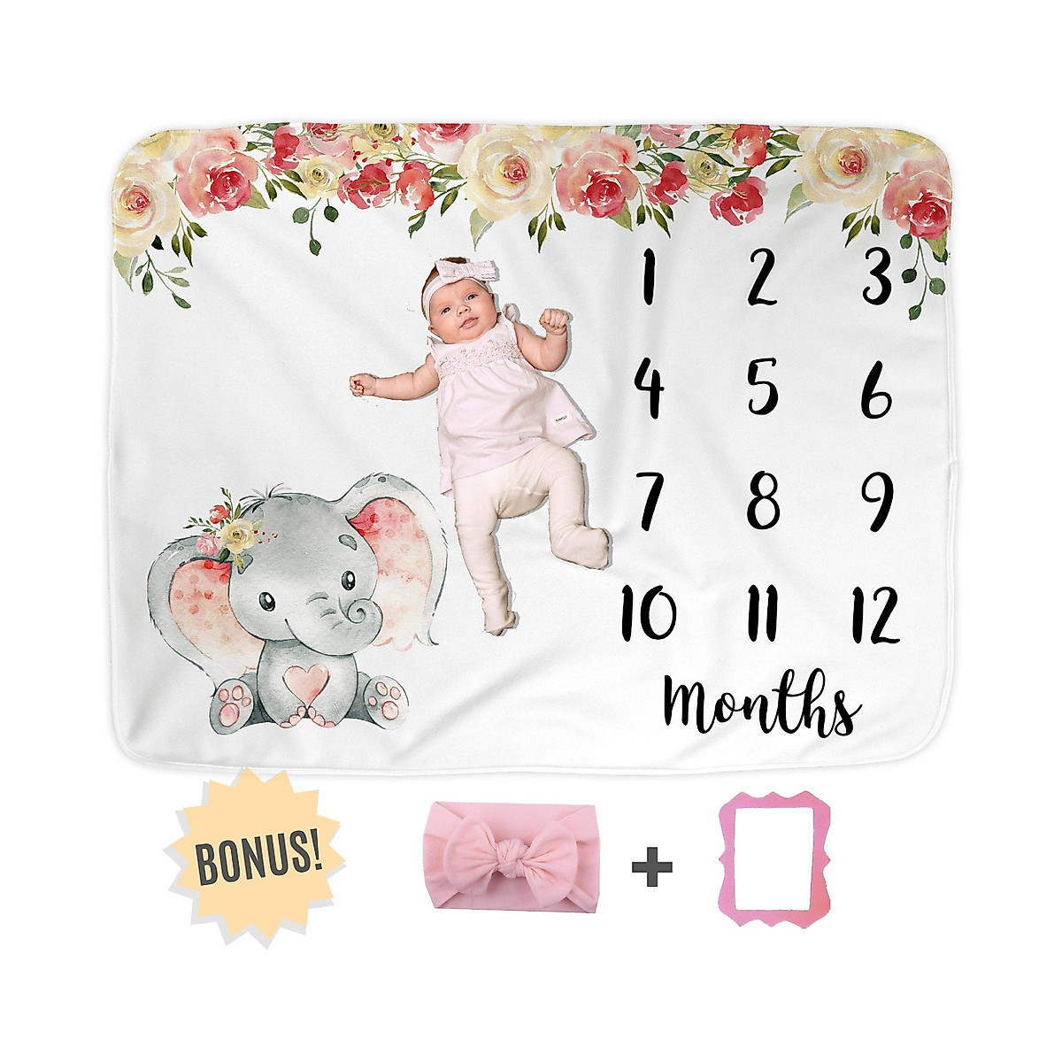 Elephant Baby Monthly Milestone Blanket with Head Bow, Floral Pink Newborn Month Blankets Girl, Track Months Photo Prop Growth Mat, Nursery Swaddling Wrap, Infant Photography (50"x40", Minky)