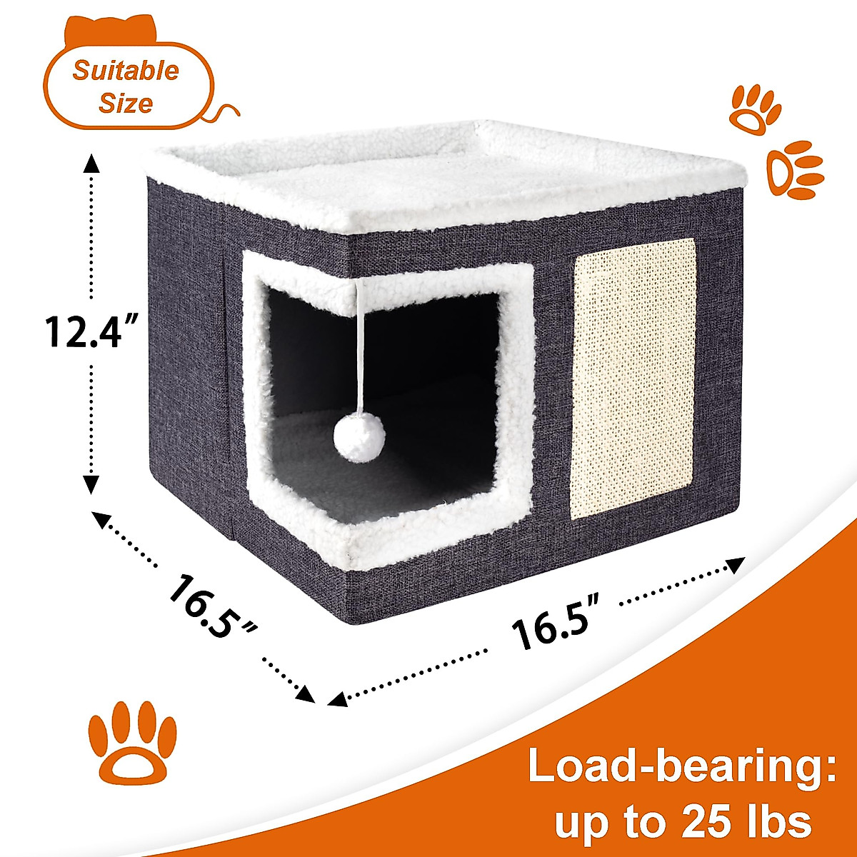 Loyareal Cat Houses for Indoor Cats - Large Cat Bed Cave for Cat House with Scratch Pad and Fluffy Ball, Foldable Cat Hideaway with Reversible Cushion Cat Condo for Multi Small Pet, Dark Grey
