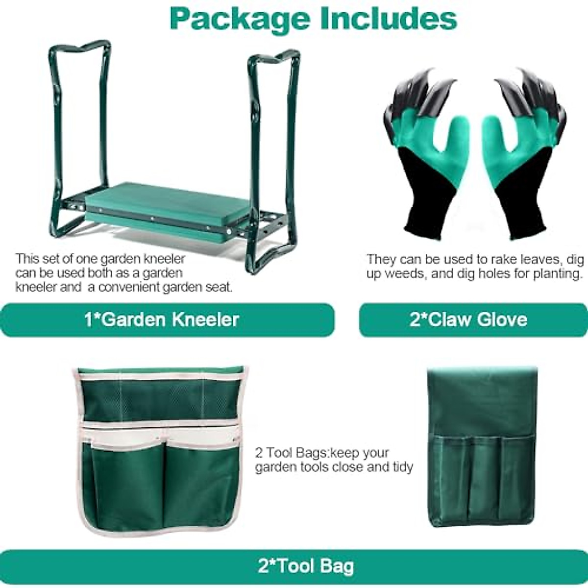 Garden Kneeler and Seat,with 2 Tool Bags Pouches and Claw Gloves,Portable Lightweight Garden Bench Thicken EVA Foam Pad Sturdy Steel Pipe Practical Garden Tools(Green)
