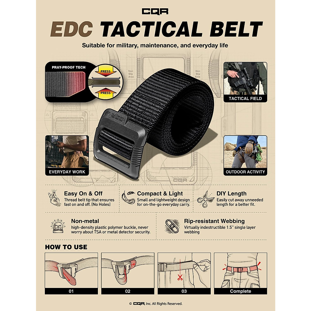 CQR Tactical Belt, Military Style Heavy Duty Belt, Webbing EDC Quick-Release Buckle, 2pack Plastic Flip Tab Black/Black, Large