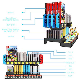 Skywin- Retro Cartridge Game Holder Compatible with Nintendo Gameboy, Video Game Storage, NES, N64, and 3DS Games, Includes Slots for Switch Tablet, Joycon Controllers, and Amiibo Display
