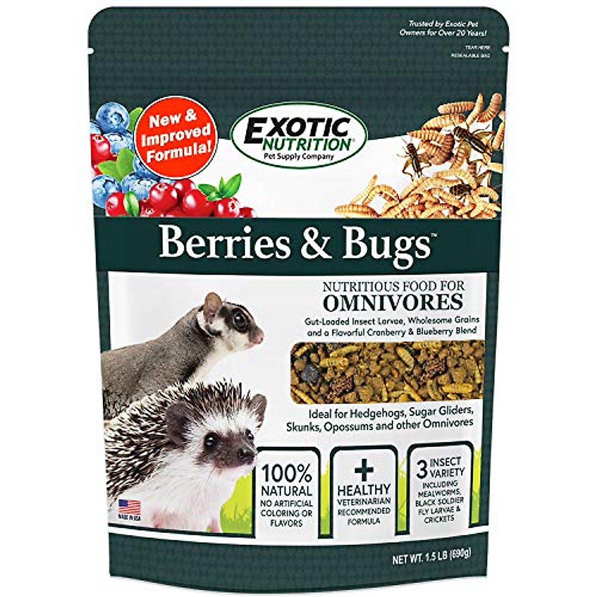 Berries & Bugs 3 lb. - All Natural High Protein High Fiber Insectivore Diet with Fruit, Gut-Loaded Insects, & Healthy Vitamins - Hedgehogs, Sugar Gliders, Skunks, Opossums & Other Insectivores