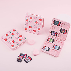 FUNDIARY Pink Strawberry Card Case for Nintendo Switch and Switch OLED Games, Cute Magnetic Card Cartridge for 12 Game Card and 12 SD Card, Hard Storage Case with 12 Game Card Slots