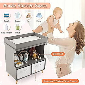 Costzon Baby Changing Table, 2 Drawer Infant Diaper Changing Station with Waterproof Changing Pad, Solid Wood Legs, Changing Table Dresser for Nursery (Gray)