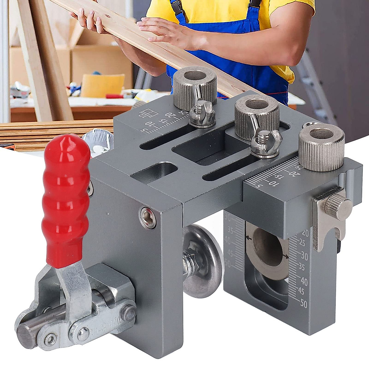 3 in 1 Adjustable Woodworking Drilling Puncher Locator Pocket Drill Dowel Jig Kit Woodworking Drill Hole Jig Drill Guide Quick Clamping Limiting Puncher Locator Tool Set