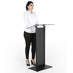M&T Displays Tempered Clear Glass Podium with Aluminum Front Panel Black Aluminum Body and Base 43.9 Inch Height Floor Standing Lectern Pulpit Desk