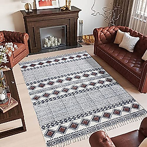 Casavani Indian Handmade Cotton Dhurrie Geometric Brown & Gray Area Rug Boho Kilim Flat Weave Rug Indoor Hall Room Decor Carpet Throw Rugs for Bedroom Living Room Bathroom Balcony 5x8 Feet