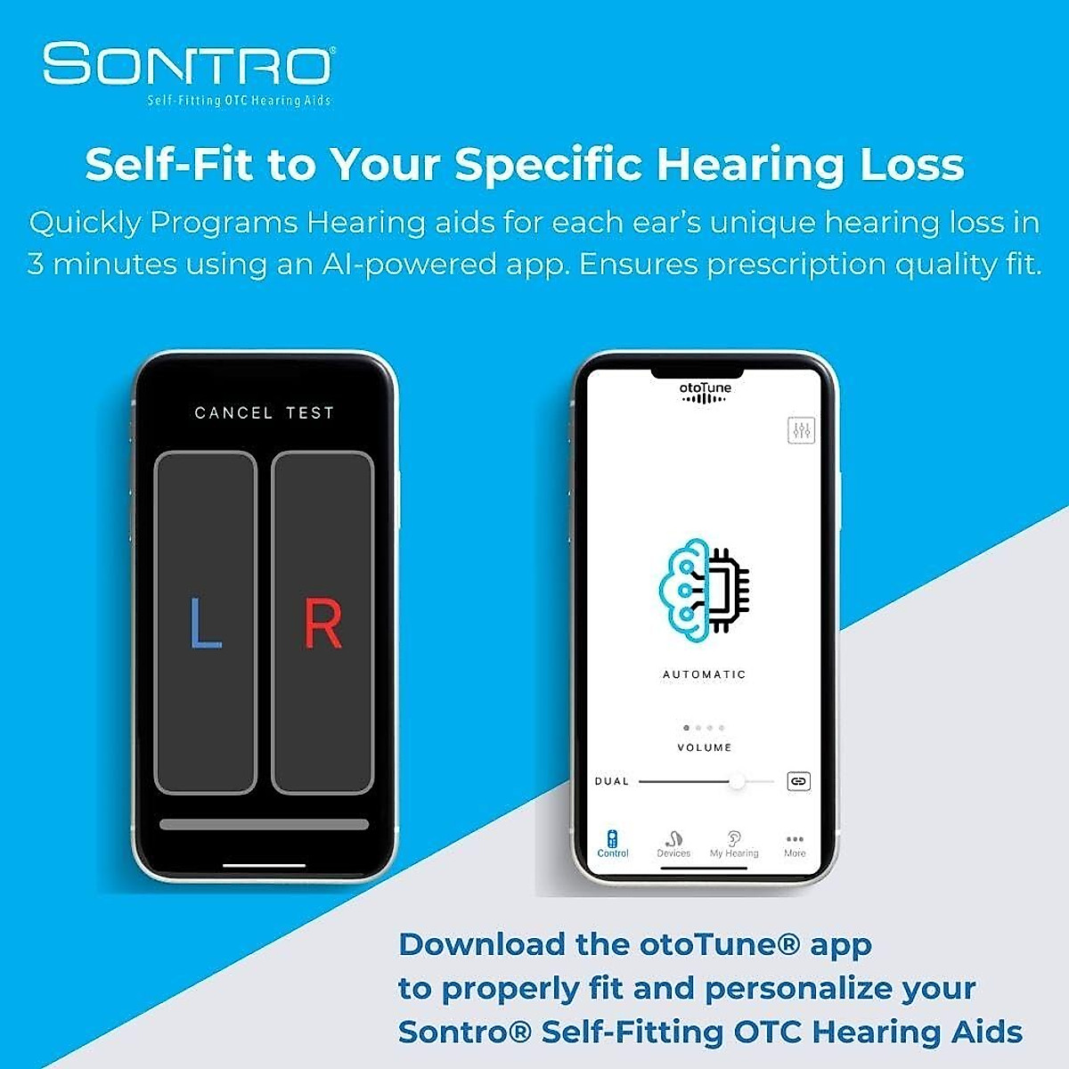 Sontro® Self-Fitting OTC Hearing Aids for Adults, Grey, Pair - Behind the Ear Aid, Phone Smart App for Auto 16 Channel Fine Tuning, Noise Cancelling, Directional Microphones, Bluetooth Hearing Aids for Seniors