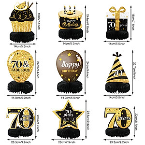 70th Birthday Party Decorations for Men Cheers Birthday Banner Black Gold Balloons Hanging Swirls Honeycomb Centerpieces and Disposable Tablecloth for Men Women 70th Birthday Decorations