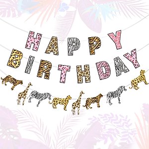 Safari Birthday Decorations Jungle Theme Party Supplies for Girl - Pink Cheetah Happy Birthday Banner, Animal Print Garland, Jungle Safari Animal Leopard Party Sign