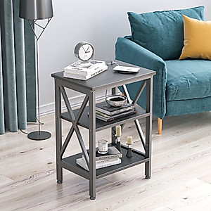 CubiCubi Oxford Side Table, Dual USB Charging Ports End Table, Nightstand Steel Frame, Home Decorative for Living Room Bedroom, Wooden Shelves and Rustic Style, Black