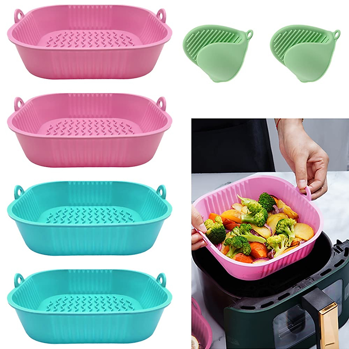 Air Fryer Silicone Liners 9 inch for 5 to 9 QT, 4 Pack Reusable Square Airfryer Basket Bowl Tray Insert Deep Fryer Parts&Accessories (4, 9 inch)