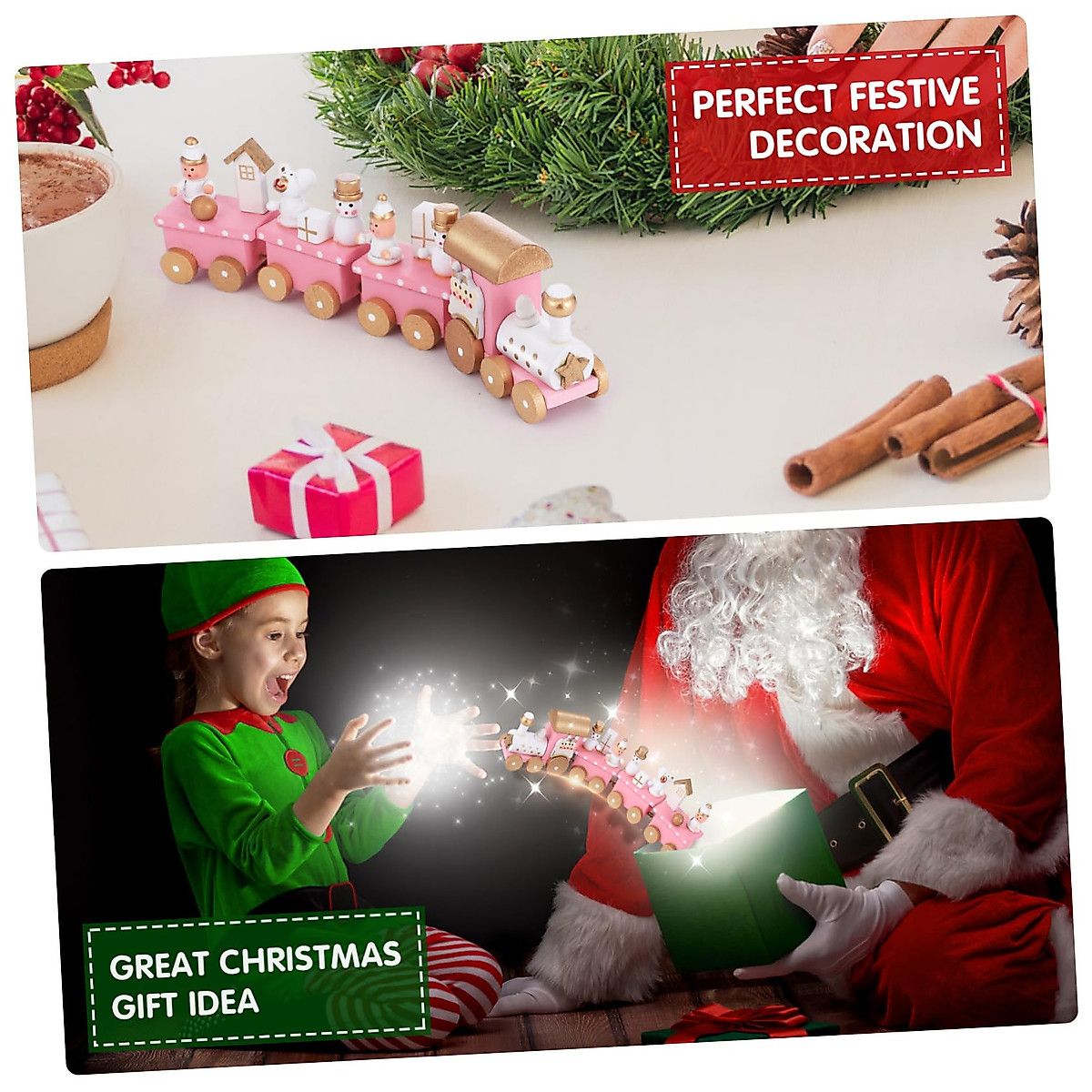 NUOBESTY Christmas Wooden Train Ornament with Snowman and Bear Mini Train Rail Toy Set for Kids Christmas Party Kindergarten Decoration, Pink