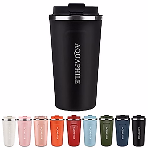 AQUAPHILE Reusable Coffee Cup, Coffee Travel Mug with Leak-proof Lid, Thermal Mug Double Walled Insulated Cup, Stainless Steel Portable Coffee Tumbler, for Hot and Cold Drinks(Black, 17 oz)