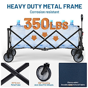 TIMBER RIDGE 51.2'' Extended Collapsible Wagon Cart with Cargo Net, 350LBS Heavy Duty Foldable Utility Wagon with Adjustable Handle, 250L Capacity Portable Cart for Camping Sports Shopping, Blue