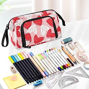 Bolaz Big Capacity Pencil Pen Case Pouch Bag School College Office Organizer for Teens Girls Adults Student-Valentine's Day Red White Hearts on Pink