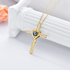 SLIACETE Personalized Picture Cross Projection Necklace 925 Sterling Silver 100 Languages Projective Jewelry Memory Gifts for Women Wife Mom Girlfriend (Gold)