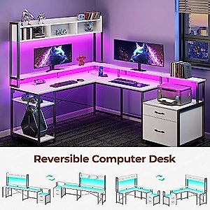 Rolanstar Computer Desk with File Drawer & Led Lights, 102.4" L Shaped Desk with Power Outlets, Gaming Desk with Monitor Stand, Hutch & Storage Shelf, Home Office Desk White