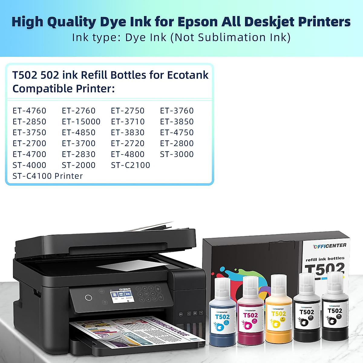 OFFICENTER T502 502 Ink Refill Bottles for EcoTank ET-4760 ET-2760 ET-2750 ET-4850 ET-3760 ET-2850 ET-3710 ET-3850 ET-3750 ET-2803 ET-2720 ET-4700 Printer(2BK C M Y)