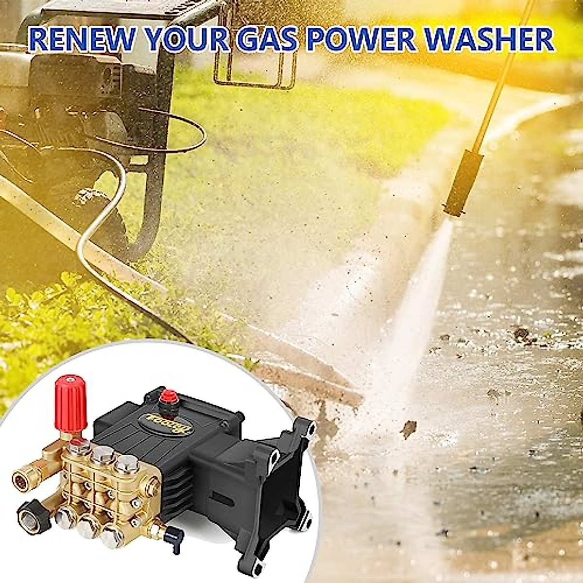 TOOLCY Pressure Washer Pump 3600-4000 PSI Max 4.4 GPM, 1 inch Shaft Horizontal Triplex Plunger Power Washer Pump Replacement, Direct Drive Pressure Pump with Unloader, 5 Nozzle Tips, M22-14mm Adapter