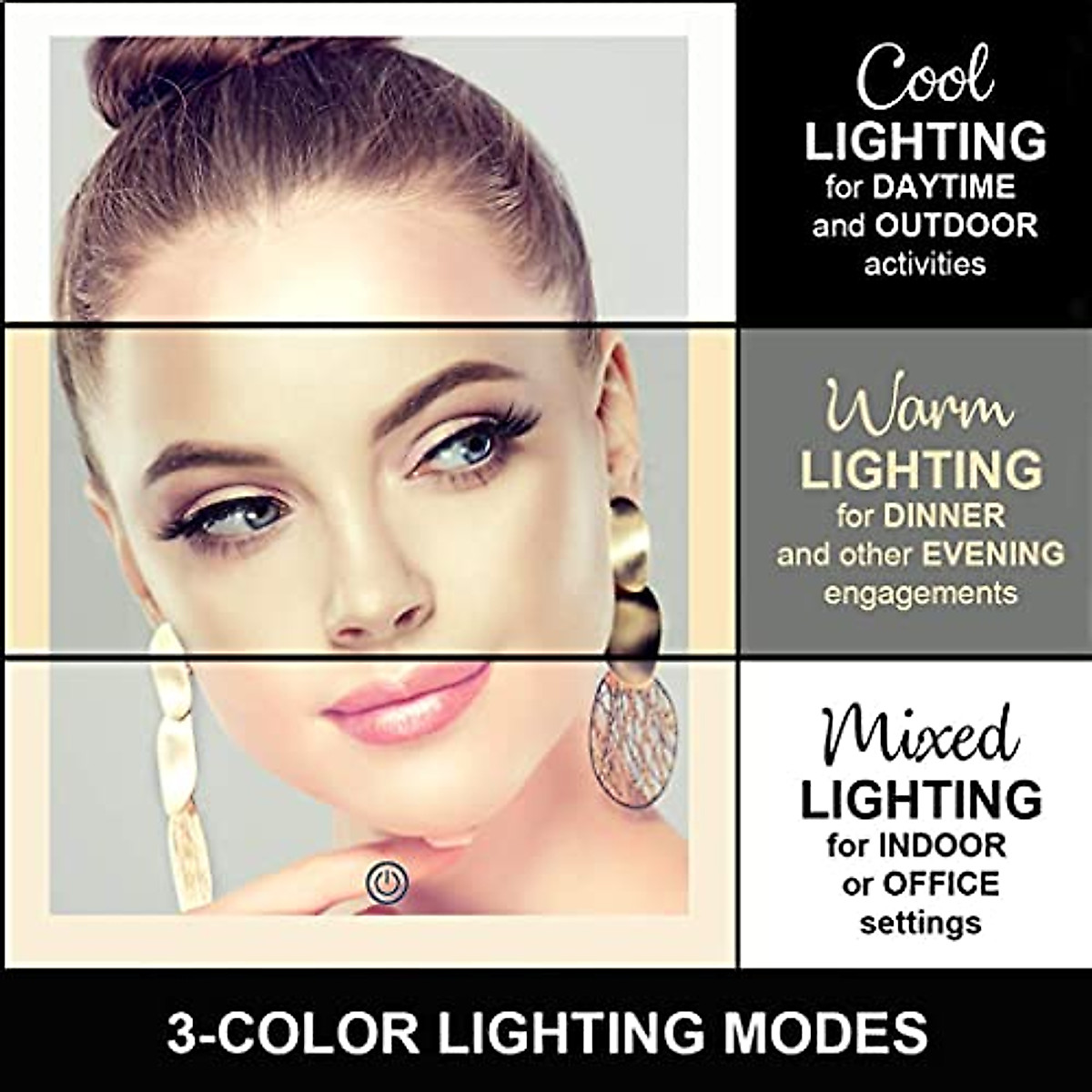 MIRRORVANA® X-Large Vanity Makeup Mirror with 44 LED Lights, 3 Color Lighting Modes, 10X 5X 3X Magnifying Panels, Dual Power Supply, 360° Rotation and Touch Screen Dimmer Switch on HD Glass (White)