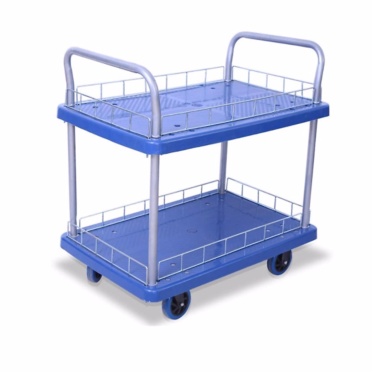 MTYLX Hand Pull Heavy Cart,Double-Layer Multi-Layer Mute Flat Trolley Trolley Pull Goods 4-Wheel Push Truck Small Cart Warehouse Handling Mute with Fence for Luggage, Travel, Auto, Moving and Office