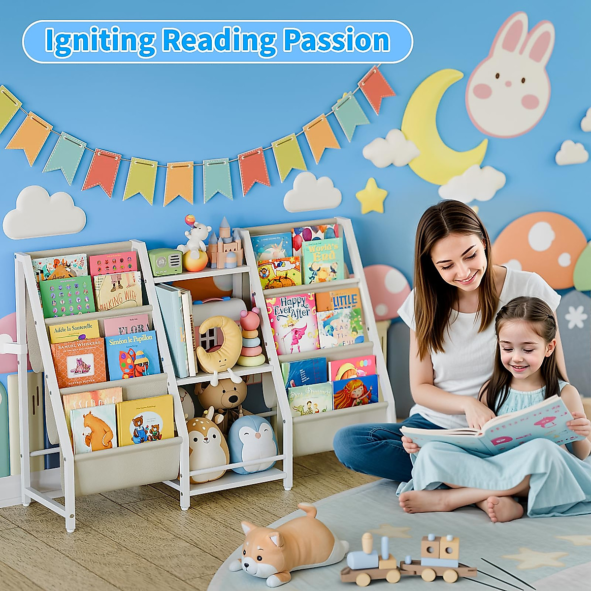 Kids Bookshelf Toy Storage Organizer - Book Shelf for Kids Rooms, 2 Sides Kids Bookcase with 3 Tired Kids Toy Storage Organizer, White Toddler Baby Bookshelf Book Shelves for Bedroom Nursery Playroom