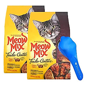 Tender Centers Cat Food Bundle | Includes 2 Bags of Meow Mix Tender Centers Dry Cat Food Chicken & Tuna Flavors (3 LB) | Plus Paw Food Scoop!