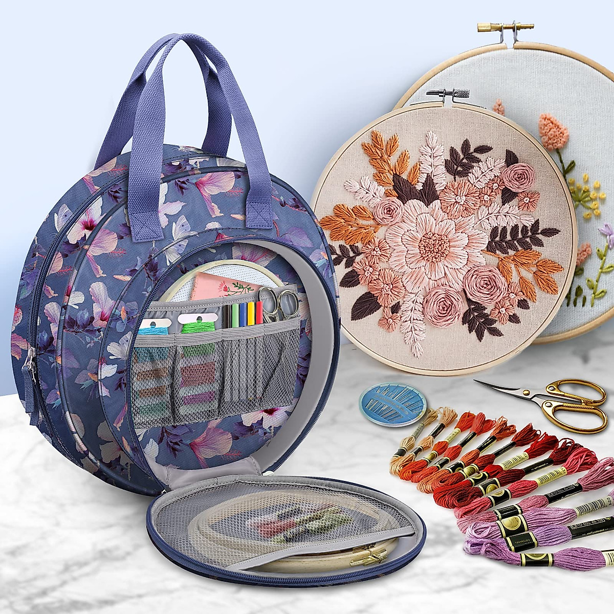 FINPAC Embroidery Project Bag, Embroidery Supplies Storage Carrying Tote Case with Multiple Pockets for Embroidery Floss, Embroidery Hoops, Thread, Stitch Tools Kit [Bag Only] - Blooming Hibiscus