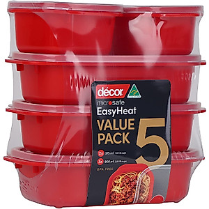 Décor Microsafe Oblong | Microwave Containers | BPA Free | Steam Release Vent | Dishwasher Safe, 5pk, Red