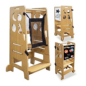 Wooden Brown 1-3 Toddler Tower Kitchen Helper,Height Adjustable Learning Standing Tower with Black and White Activity Board & Safety Net Perfect for Kitchen, Bathroom and Bedroom Children Step Stool