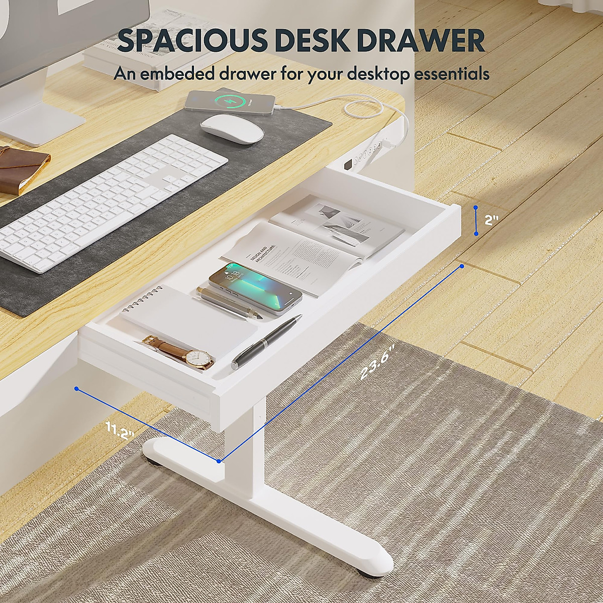 FLEXISPOT Comhar Electric Standing Desk with Drawers Charging USB Port, Height Adjustable 48" Whole-Piece Quick Install Home Office Computer Laptop Table with Storage (Maple Top + White Frame)