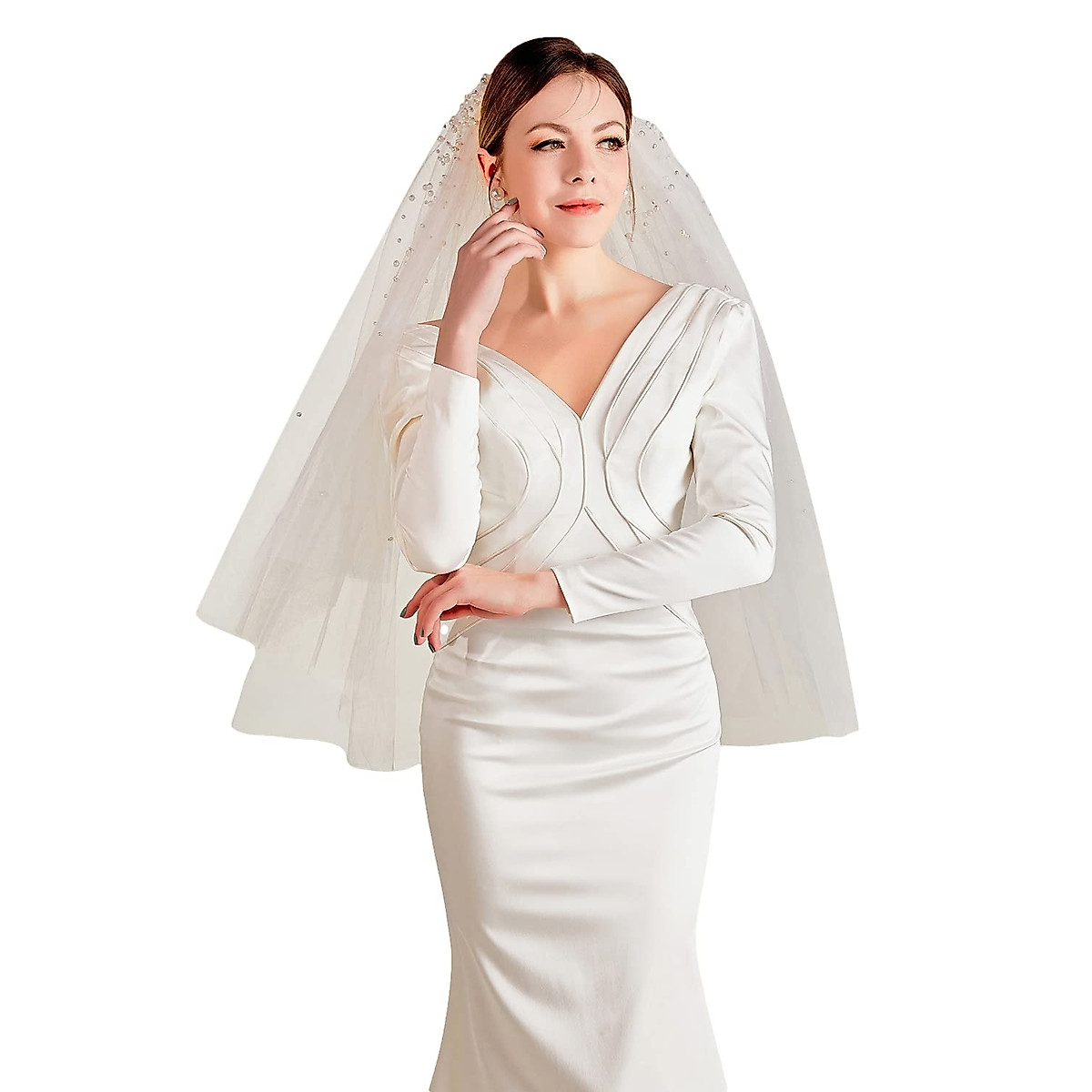 Wedding Veil for Bachelorette Party Wedding Accessories Deco with Comb Bride Pearl Veils for Brides (Ivory, 2T)