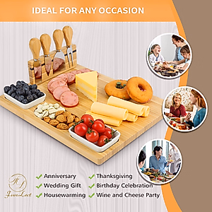 FunLect Bamboo Cheese Board Set – Serving Tray and Cheese Serving Platter. Rectangular Cheese Board and Knife Set for Cracker and Brie. Large Charcuterie Board and Cheese Tray for Housewarming Gift