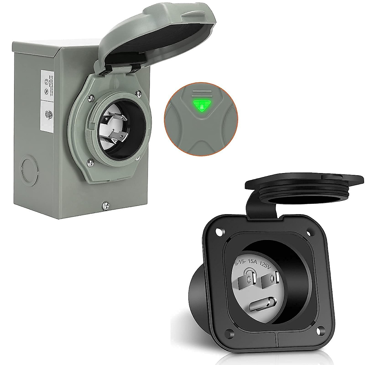 WELLUCK 30 Amp Generator Power Inlet Box, NEMA 3R Power Inlet Box Bundle with 15 Amp Flanged Inlet 125V, NEMA 5-15 RV Shore Power Inlet Plug