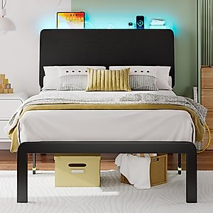 Feonase Twin Bed Frame with Ergonomic Storage Headboard & Charging Station, LED Platform Bed Frame, Heavy Duty Metal Slats, No Box Spring Needed, Easy Assembly, Black