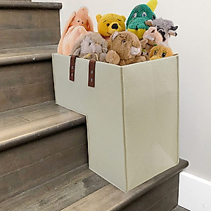 Stair Basket Leather Handles 16' ' Staircase Baskets Carpeted Wooden Stairs Made of 4mm Premium Felt Stair Organizer Laundry Basket Basket Stairs Foldable Staircase Basket, Beige (SBK01-HF-16)